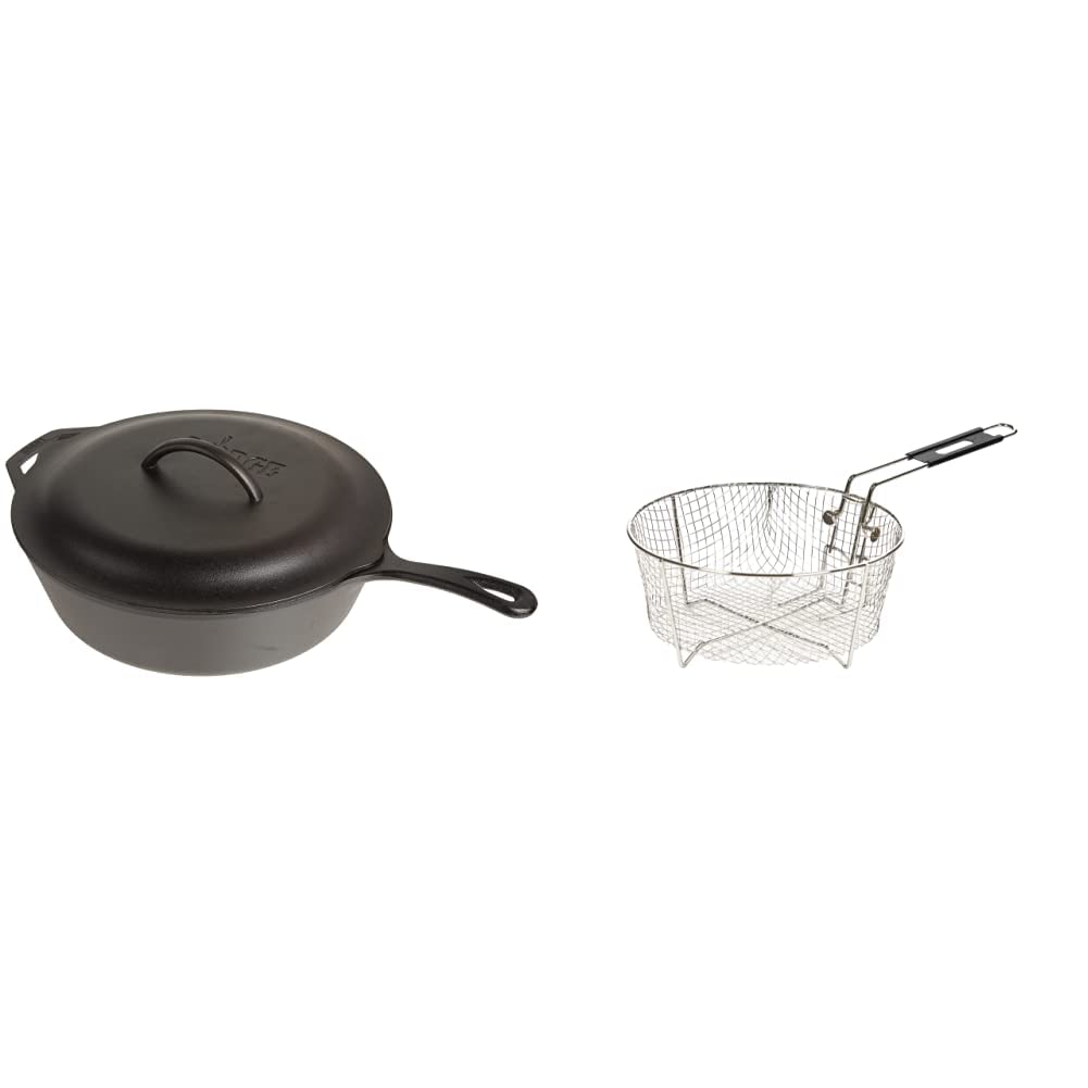 Lodge L10CF3 Cast Iron Covered Deep Skillet, Pre-Seasoned, 5-Quart & 10FB2 Deep Fry Basket, 10.25-inch