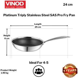 Vinod Platinum Triply Stainless Steel X Fry Pan | Frying Pan of 24 cm Diameter with Honeycomb Pattern Design Inside, Scratch Resistant, Food Safe & PFOA Free - (Induction Friendly)