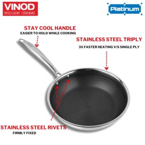 Vinod Platinum Triply Stainless Steel X Fry Pan | Frying Pan of 24 cm Diameter with Honeycomb Pattern Design Inside, Scratch Resistant, Food Safe & PFOA Free - (Induction Friendly)