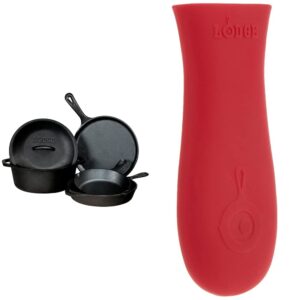 lodge pre-seasoned cast iron 5 piece set, black & silicone hot cast iron skillet handle holder, 5-5/8" l x 2", red