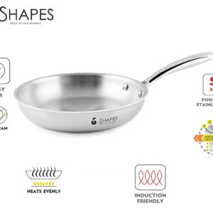 Shapes Steel Stainless Tri-ply Frying Pans - Induction Ready, Easy to Clean, Dishwasher Safe, Silver, Capacity 1 Quart - With Robust Handle - Use for Home, Kitchen & Restaurant (7.8 Inch)