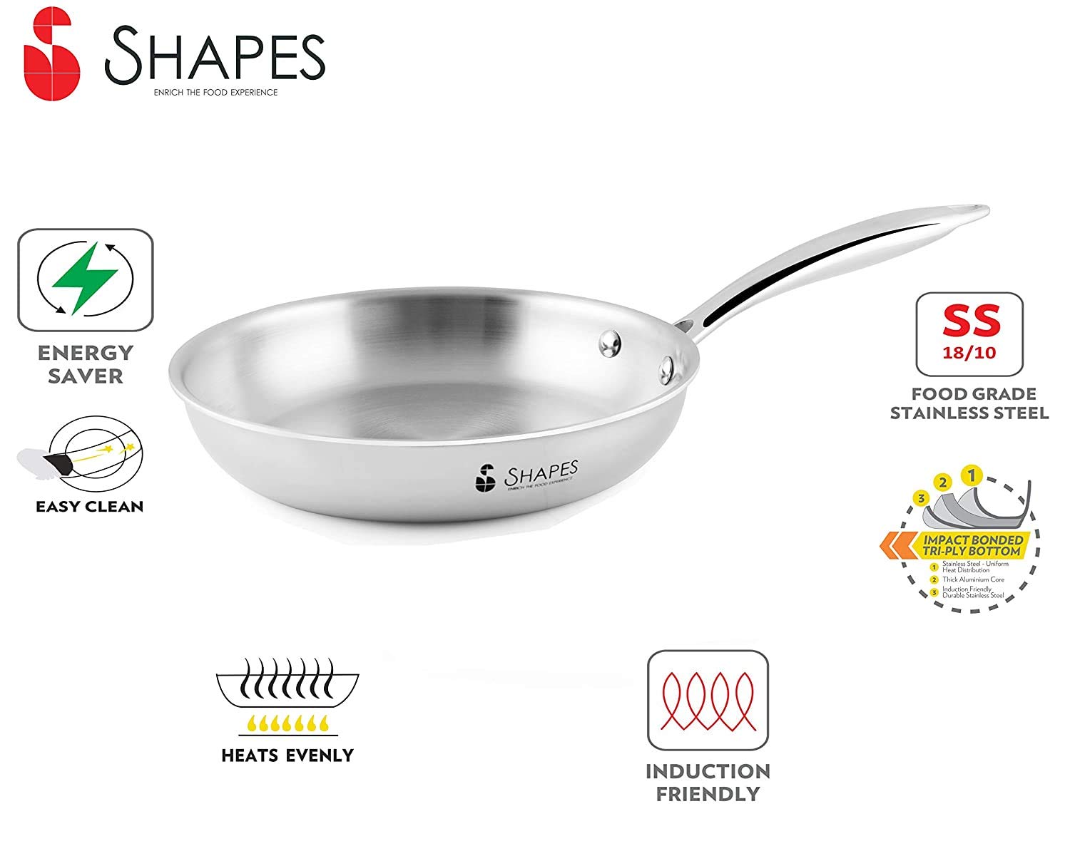 Shapes Steel Stainless Tri-ply Frying Pans - Induction Ready, Easy to Clean, Dishwasher Safe, Silver, Capacity 1 Quart - With Robust Handle - Use for Home, Kitchen & Restaurant (7.8 Inch)