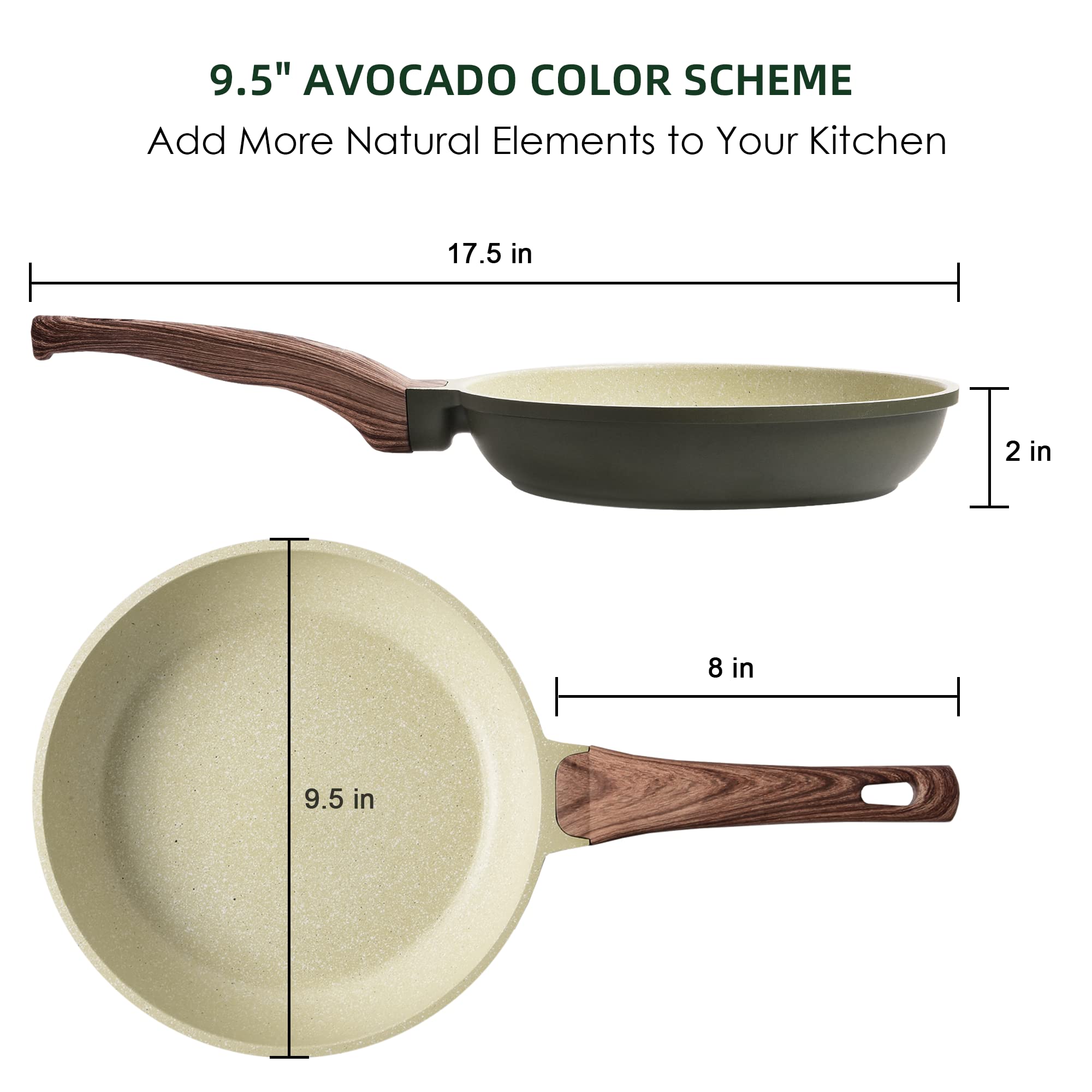 Caannasweis 9.5 Inch Nonstick Frying Pan Skillet Induction Compatible Stone Cookware Chef's Pan Healthy Egg Omelette Pan PFOA Free avocado color