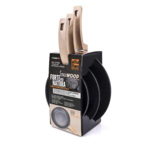 alluflon etnea wood edition set of 3 frying pans, aluminium, black, 20 cm, 24 cm, 28 cm.