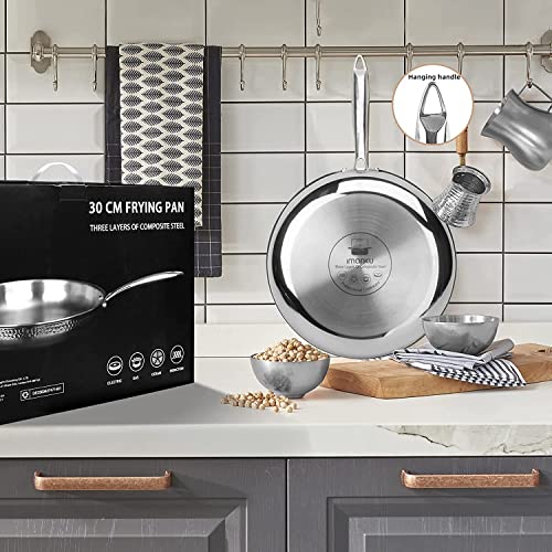 imarku Stainless Steel Pan, 12 inch Frying Pan, 3 Ply Stainless Steel Frying pan, Fry pan, Stainless Steel Skillet, Cooking Pan - Oven Safe Skillet