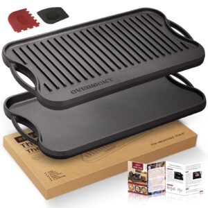 overmont pre-seasoned 17x9.8" cast iron reversible griddle grill pan with handles for gas stovetop open fire oven, one tray, scrapers included