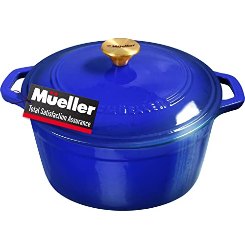 Mueller 6qt Enameled Cast Iron Dutch Oven, Heavy-Duty Casserole and Braiser Pan with Lid and Knob, Safe for All Cooktops - Blue