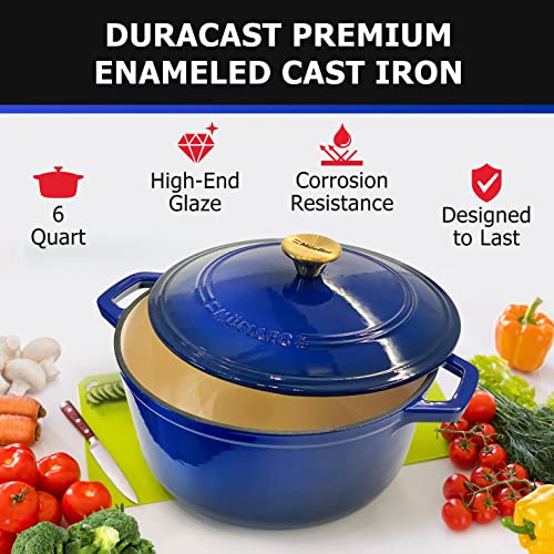 Mueller 6qt Enameled Cast Iron Dutch Oven, Heavy-Duty Casserole and Braiser Pan with Lid and Knob, Safe for All Cooktops - Blue