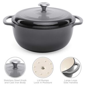 Best Choice Products 6 Quart Enamel Cast-Iron Round Dutch Oven, Family Style Heavy-Duty Pre-Seasoned Cookware for Home, Kitchen, Dining Room, Oven Safe w/Lid, Dual Handles - Gray