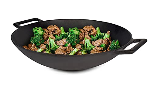 Jim Beam 12'' Pre Seasoned Heavy Duty Construction Cast Iron Grilling Wok, Griddle and Stir Fry Pan