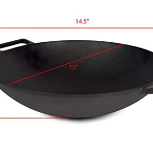 Jim Beam 12'' Pre Seasoned Heavy Duty Construction Cast Iron Grilling Wok, Griddle and Stir Fry Pan