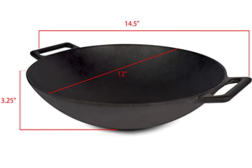 Jim Beam 12'' Pre Seasoned Heavy Duty Construction Cast Iron Grilling Wok, Griddle and Stir Fry Pan