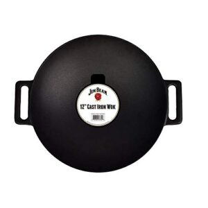 Jim Beam 12'' Pre Seasoned Heavy Duty Construction Cast Iron Grilling Wok, Griddle and Stir Fry Pan