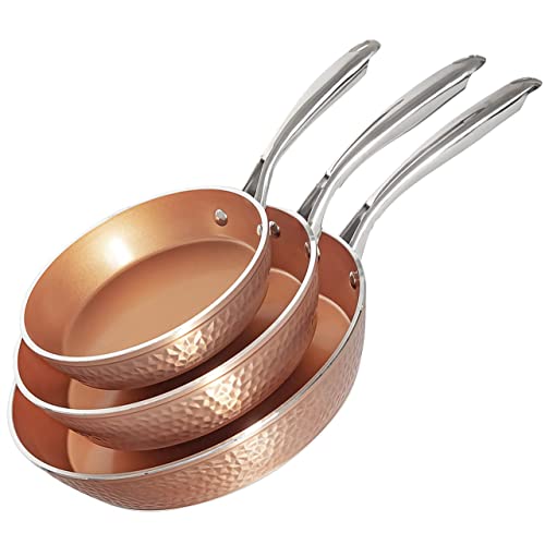 Gotham Steel Hammered Frying Pan Set, 3 Piece Nonstick Copper Fry Pans, 8”, 10” & 12” Skillet, Omelet Pan, Cookware, PFOA Free, Dishwasher Safe, Cool Touch Handle