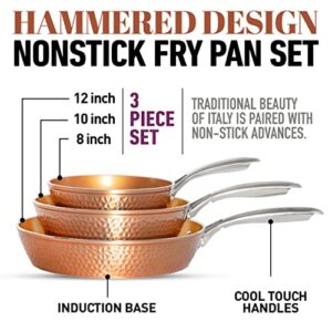 Gotham Steel Hammered Frying Pan Set, 3 Piece Nonstick Copper Fry Pans, 8”, 10” & 12” Skillet, Omelet Pan, Cookware, PFOA Free, Dishwasher Safe, Cool Touch Handle