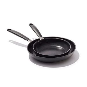 oxo good grips 8" and 10" frying pan skillet set, 3-layered german engineered nonstick coating, stainless steel handle with nonslip silicone, black