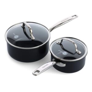 greenpan chatham black prime midnight hard anodized healthy ceramic nonstick, 1qt and 2qt saucepan pot set with lids, pfas-free, dishwasher safe, oven safe, black