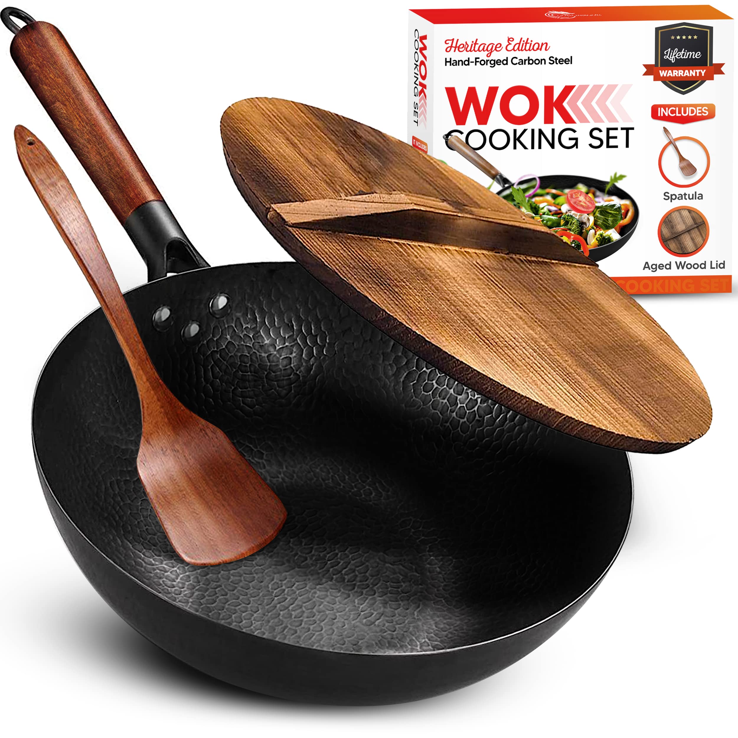 Gold Dragon Heritage Edition Carbon Steel Wok Pan with Lid | 12.5" Preseasoned Quality Wok Set | Traditional Stir Fry Pan | Round Flat Bottom Wok