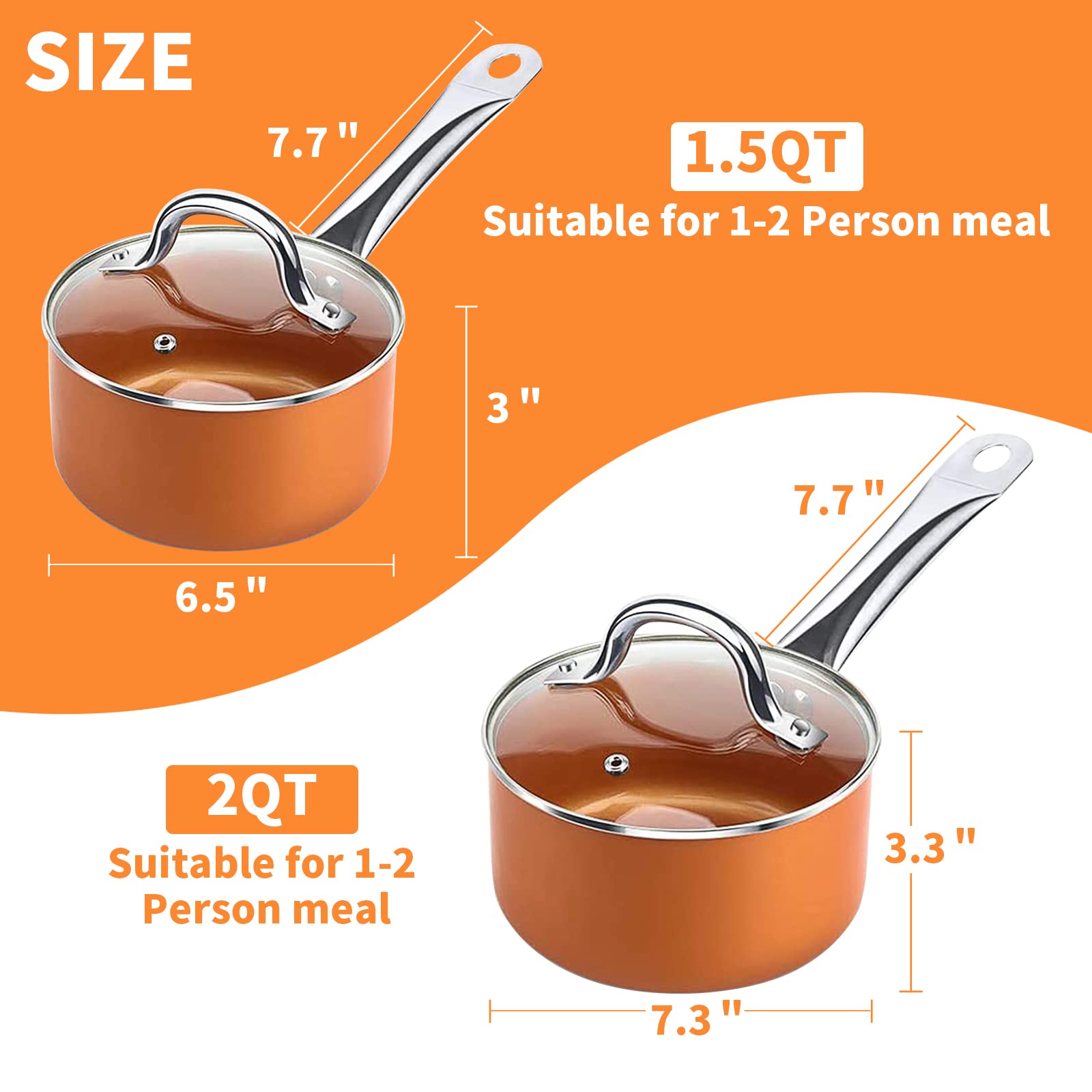 Zunmial Sauce Pan,4 Pieces Saucepan Set- 1.5Qt & 2Qt Nonstick Saucepans with Lids,Copper Pot,Non Stick Pots,Sauce Pot,Small Cooking Pot