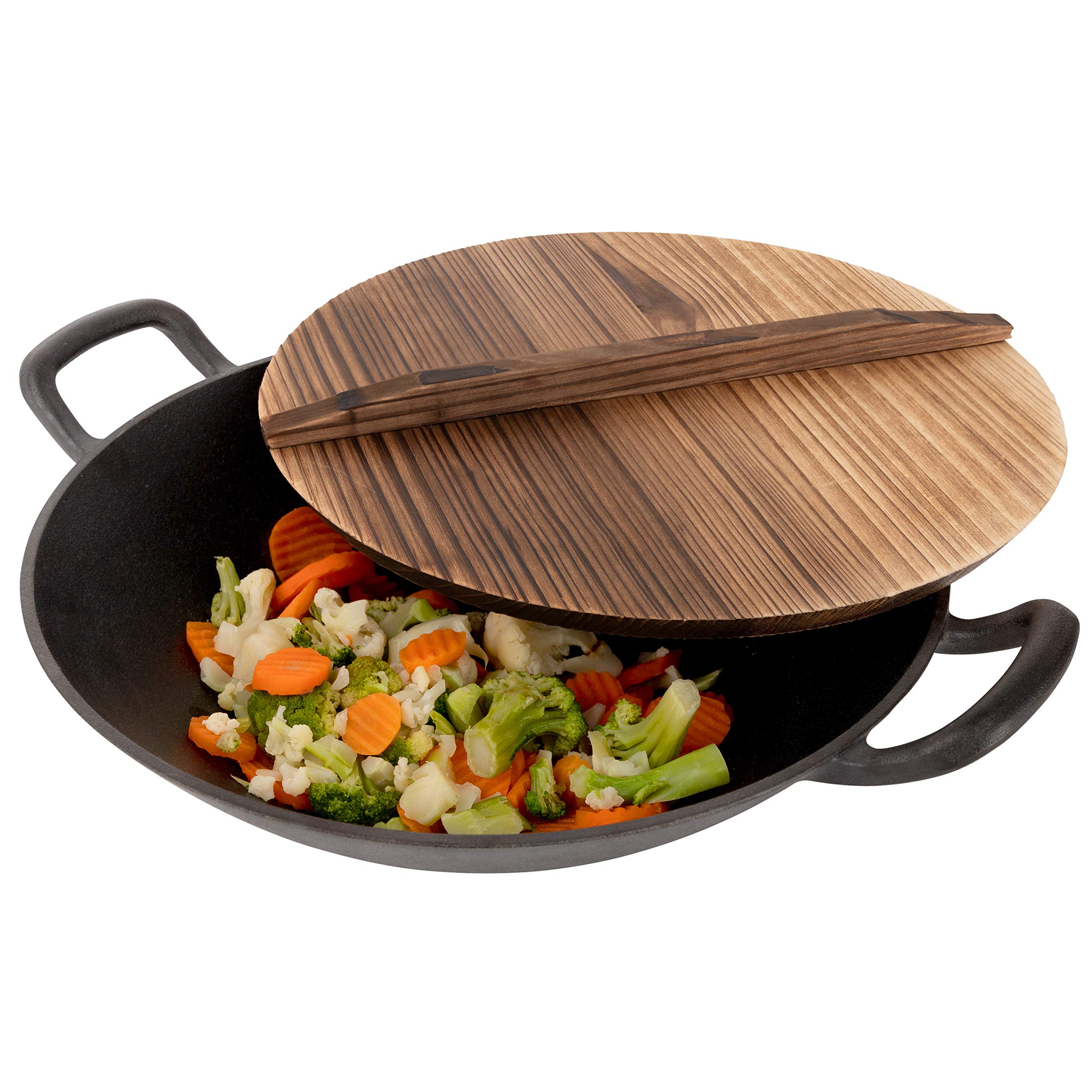 Homeries Pre-Seasoned Cast Iron Wok with 2 Handled and Wooden Lid (14 Inches) Nonstick Iron Deep Frying Pan with Flat Base for Stir-Fry, Grilling, Frying, Steaming - For Authentic Asian, Chinese Food