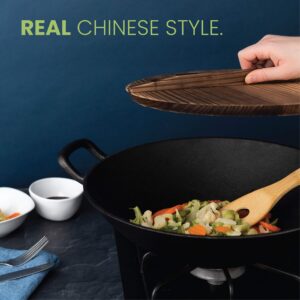 Homeries Pre-Seasoned Cast Iron Wok with 2 Handled and Wooden Lid (14 Inches) Nonstick Iron Deep Frying Pan with Flat Base for Stir-Fry, Grilling, Frying, Steaming - For Authentic Asian, Chinese Food