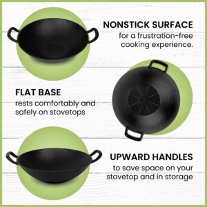 Homeries Pre-Seasoned Cast Iron Wok with 2 Handled and Wooden Lid (14 Inches) Nonstick Iron Deep Frying Pan with Flat Base for Stir-Fry, Grilling, Frying, Steaming - For Authentic Asian, Chinese Food