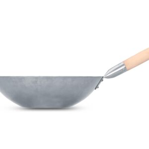 Craft Wok Flat Hand Hammered Carbon Steel Pow Wok with Wooden and Steel Helper Handle (14 Inch, Flat Bottom) / 731W316