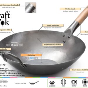 Craft Wok Flat Hand Hammered Carbon Steel Pow Wok with Wooden and Steel Helper Handle (14 Inch, Flat Bottom) / 731W316