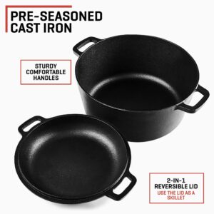 Uno Casa 2in1 Dutch Oven Large - 5 Quart Dutch Oven Pot with Lid, Seasoned Cast Iron Camping Stove for Bread, Heavy Duty Cast Iron Pot with Frying Pan