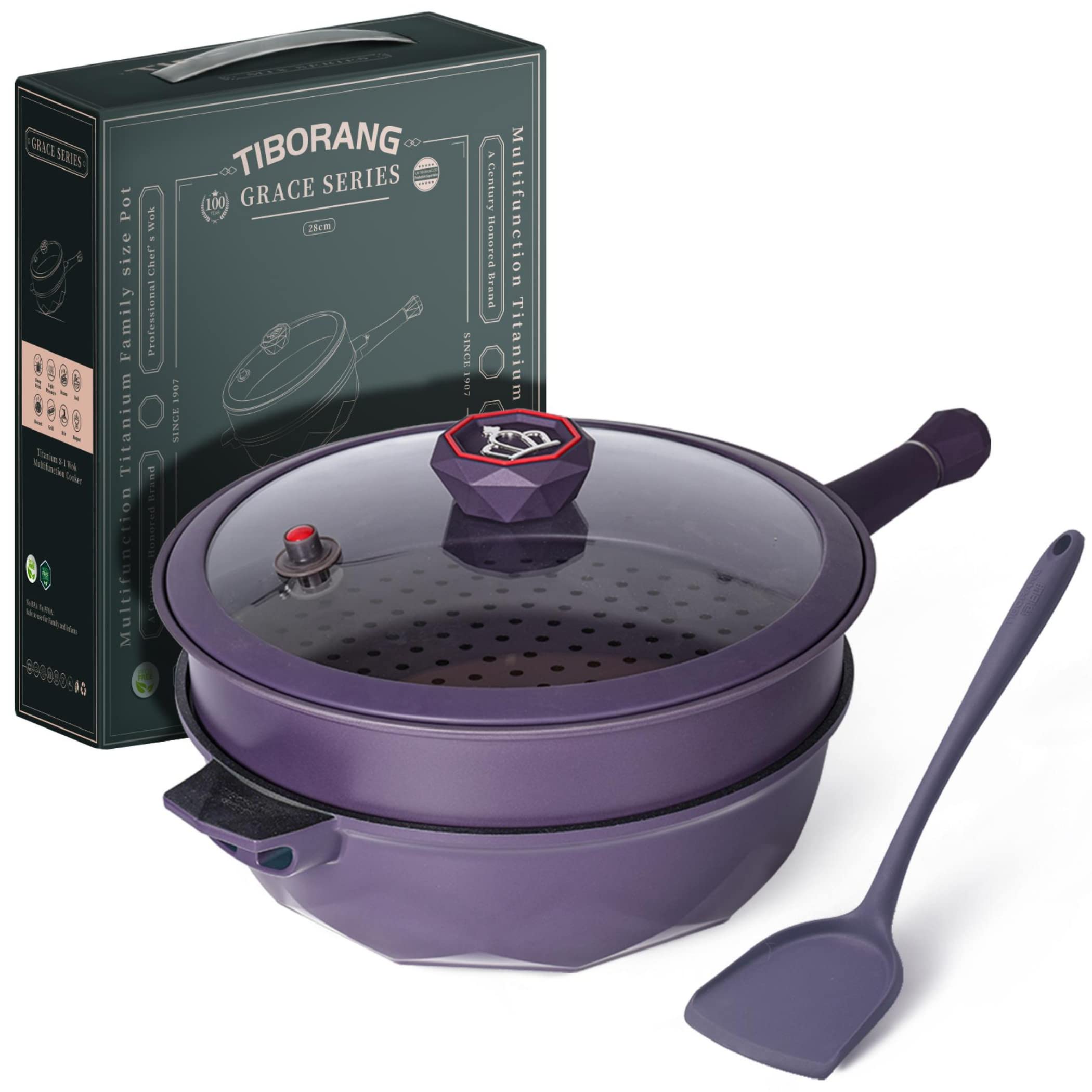 TIBORANG 7 in 1 Multipurpose 11 Inch 5 Quart Heat Indicator Nonstick Deep Frying Pan with Glass Lid, Stay-cool Handle, Steamed Grid, PFOA-Free,Dishwasher&Oven Safe for All Stovetops (Purple)