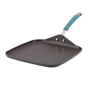 rachael ray cucina hard anodized nonstick griddle pan/flat grill, 11 inch, gray with agave blue handle