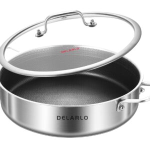 DELARLO Tri-Ply Stainless Steel Saute Pan 6 Quarts Deep Frying Pan, 12 inch Induction Compatible Chef Cooking Pan, Sauté Pan with lid, Dishwasher & Oven Safe