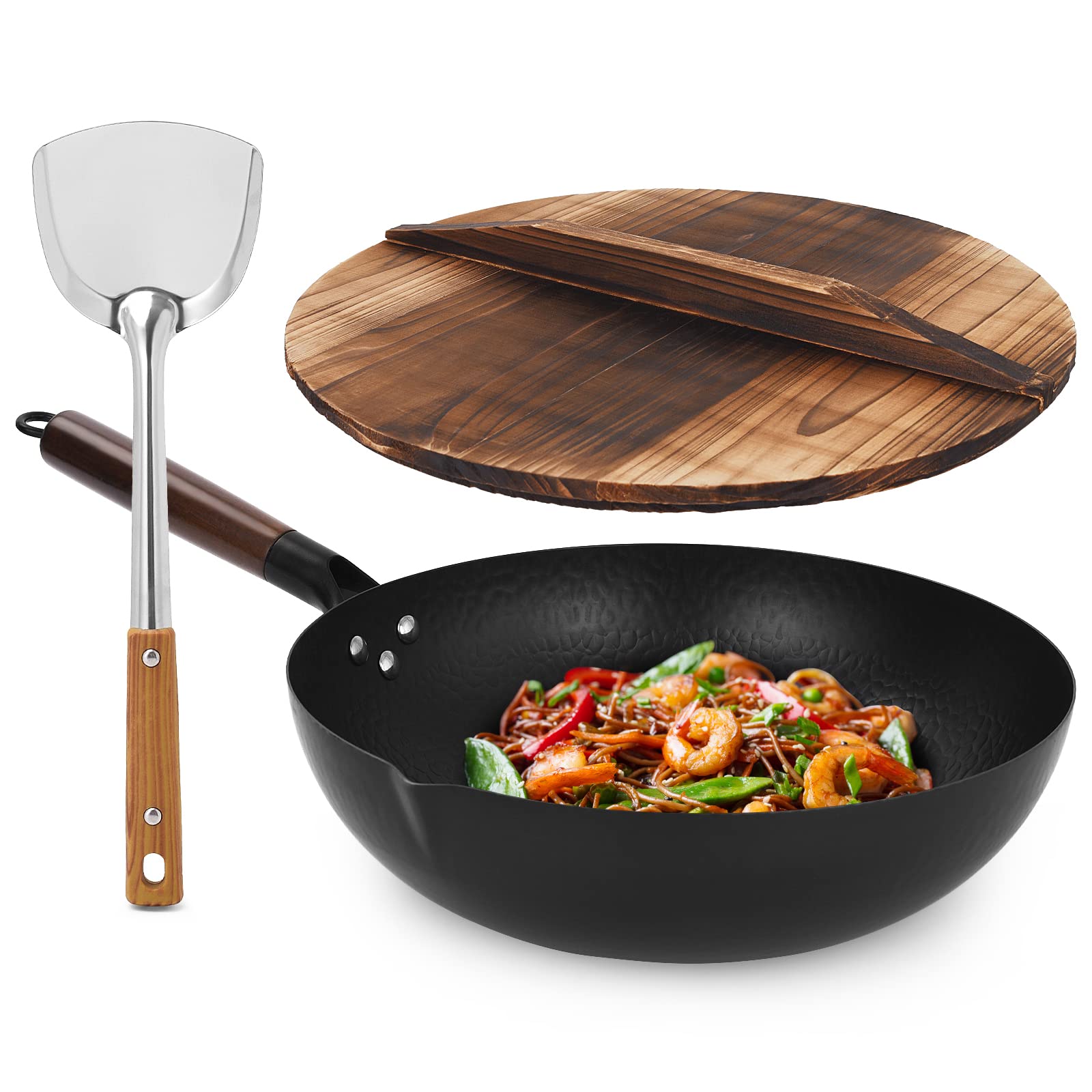 Cookeriess Hand Hammered Carbon Steel Wok, Wooden Lid Asian Spatula with Handle - Stir Fry Pan for Chinese, Japanese, and Cantonese Cuisine – Flat Bottom Wok Cooking by Cookeries / 2 Accessories