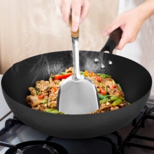 Cookeriess Hand Hammered Carbon Steel Wok, Wooden Lid Asian Spatula with Handle - Stir Fry Pan for Chinese, Japanese, and Cantonese Cuisine – Flat Bottom Wok Cooking by Cookeries / 2 Accessories