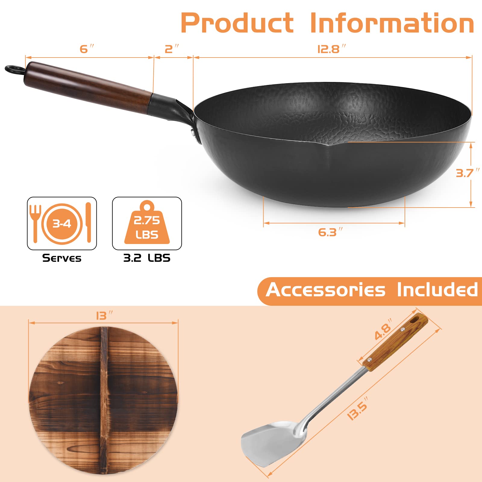 Cookeriess Hand Hammered Carbon Steel Wok, Wooden Lid Asian Spatula with Handle - Stir Fry Pan for Chinese, Japanese, and Cantonese Cuisine – Flat Bottom Wok Cooking by Cookeries / 2 Accessories