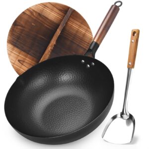 Cookeriess Hand Hammered Carbon Steel Wok, Wooden Lid Asian Spatula with Handle - Stir Fry Pan for Chinese, Japanese, and Cantonese Cuisine – Flat Bottom Wok Cooking by Cookeries / 2 Accessories