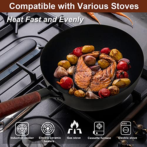 WACETOG Deep Frying Pan Nonstick Skillet 10 Inch Carbon Steel Wok Pan to Fry Eggs Steak Pancakes Pan for Induction Cooktop Gas & Electric Stove Stir-Fry Pan with Removable Handle Flat Bottom