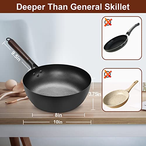 WACETOG Deep Frying Pan Nonstick Skillet 10 Inch Carbon Steel Wok Pan to Fry Eggs Steak Pancakes Pan for Induction Cooktop Gas & Electric Stove Stir-Fry Pan with Removable Handle Flat Bottom