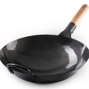 Craft Wok Black13 Pre-Seasoned Hand Hammered Carbon Steel Pow Wok with Wooden and Steel Helper Handle (13 Inch, Round Bottom)