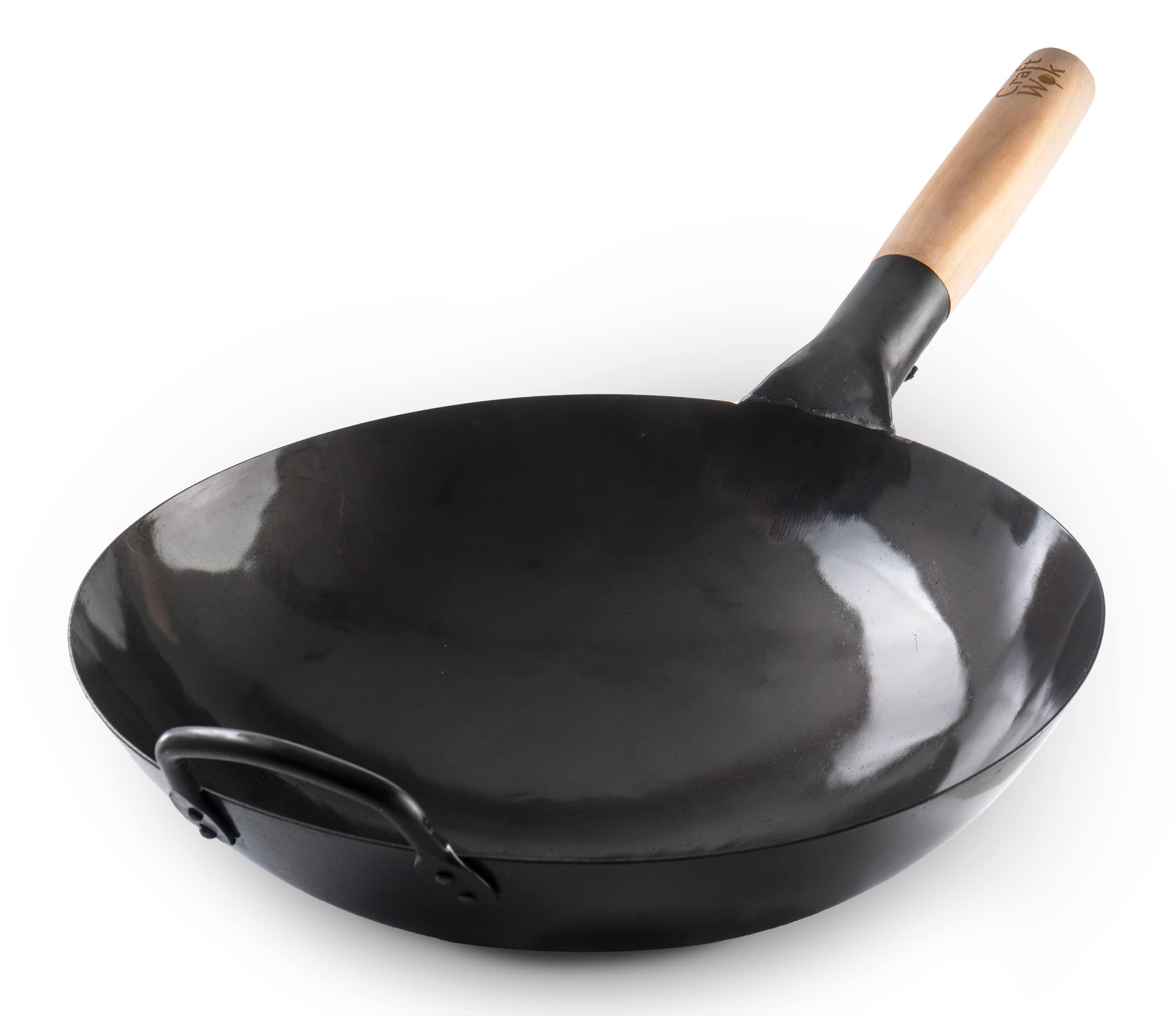 Craft Wok Black13 Pre-Seasoned Hand Hammered Carbon Steel Pow Wok with Wooden and Steel Helper Handle (13 Inch, Round Bottom)