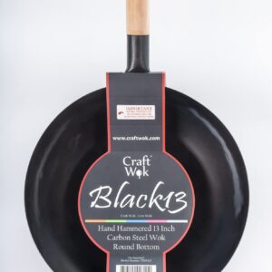 Craft Wok Black13 Pre-Seasoned Hand Hammered Carbon Steel Pow Wok with Wooden and Steel Helper Handle (13 Inch, Round Bottom)