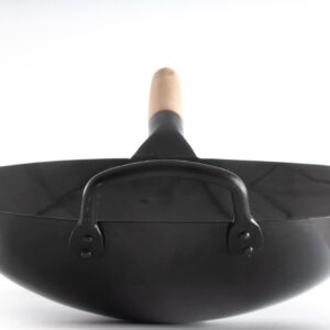 Craft Wok Black13 Pre-Seasoned Hand Hammered Carbon Steel Pow Wok with Wooden and Steel Helper Handle (13 Inch, Round Bottom)