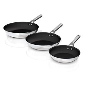 ninja c63000 foodi neverstick stainless 8-inch, 10.25-inch, & 12-inch fry pan set, polished stainless-steel exterior, nonstick, durable & oven safe to 500°f, silver