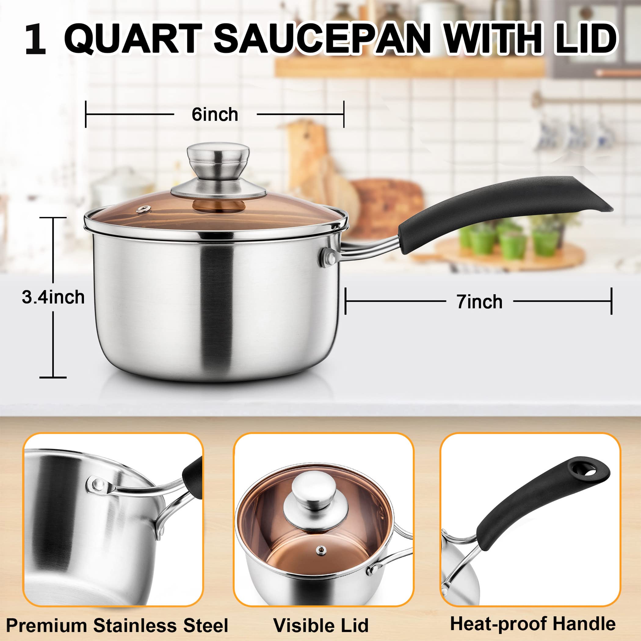 LIANYU 1QT Saucepan with Lid, 1 Quart Stainless Steel Saucepan, Small Pot Milk Soup Pan for Home Kitchen Restaurant, Long Heatproof Handle, Dishwasher Safe