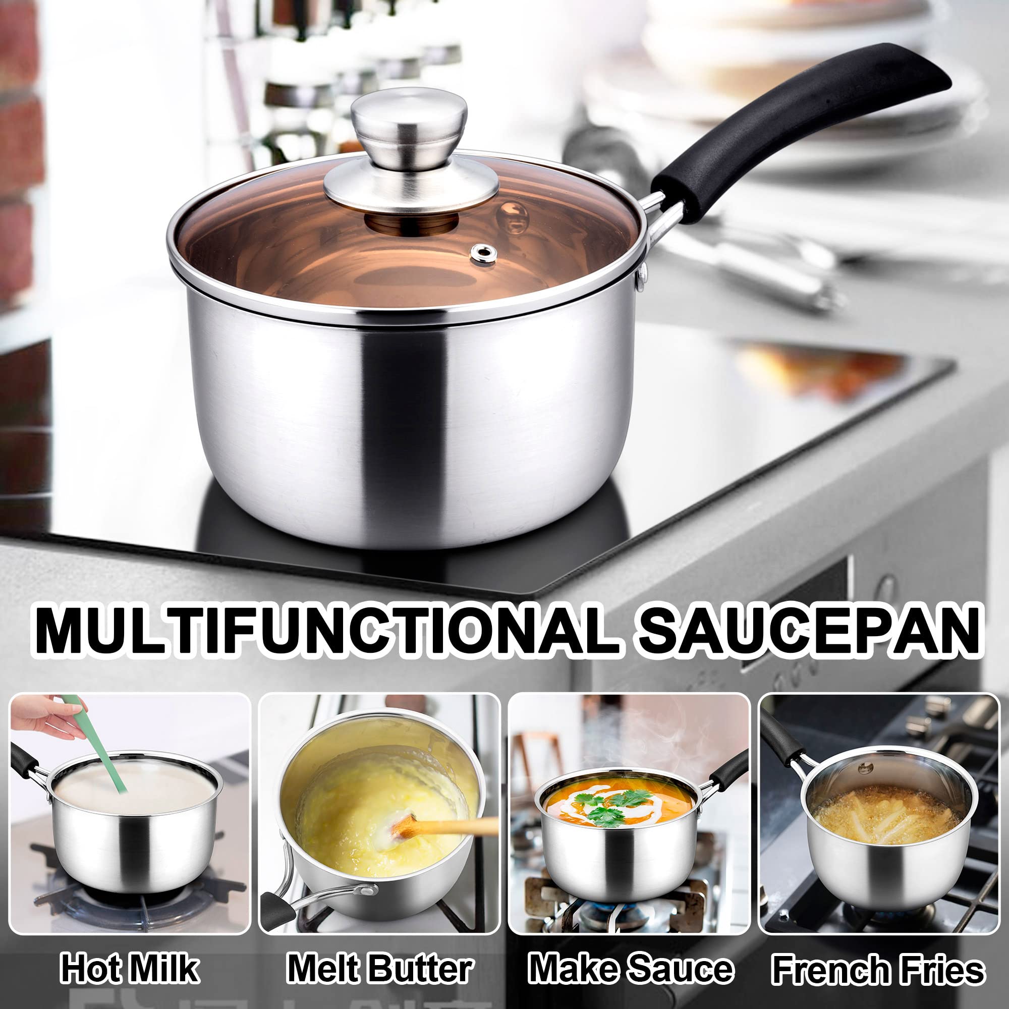 LIANYU 1QT Saucepan with Lid, 1 Quart Stainless Steel Saucepan, Small Pot Milk Soup Pan for Home Kitchen Restaurant, Long Heatproof Handle, Dishwasher Safe