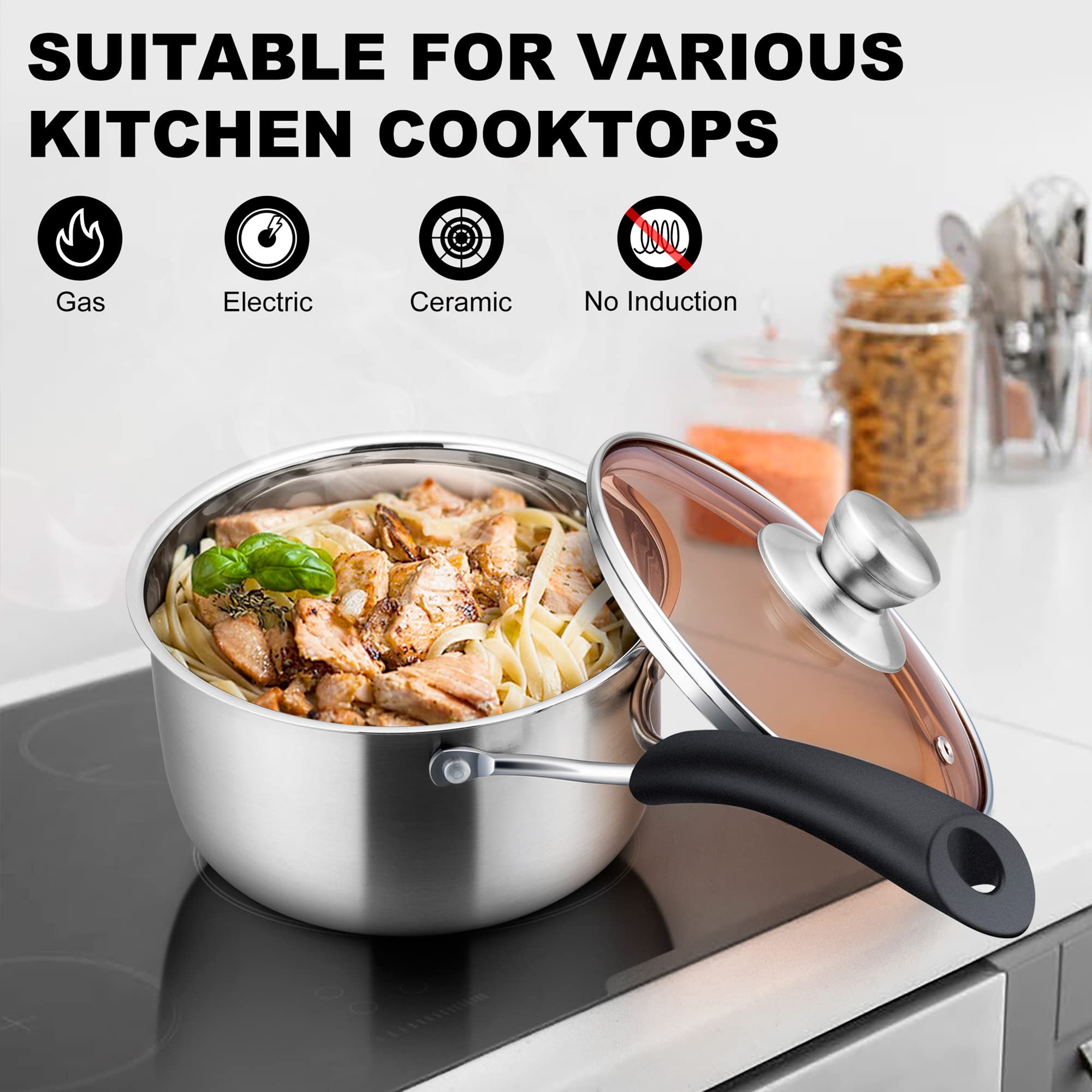 LIANYU 1QT Saucepan with Lid, 1 Quart Stainless Steel Saucepan, Small Pot Milk Soup Pan for Home Kitchen Restaurant, Long Heatproof Handle, Dishwasher Safe