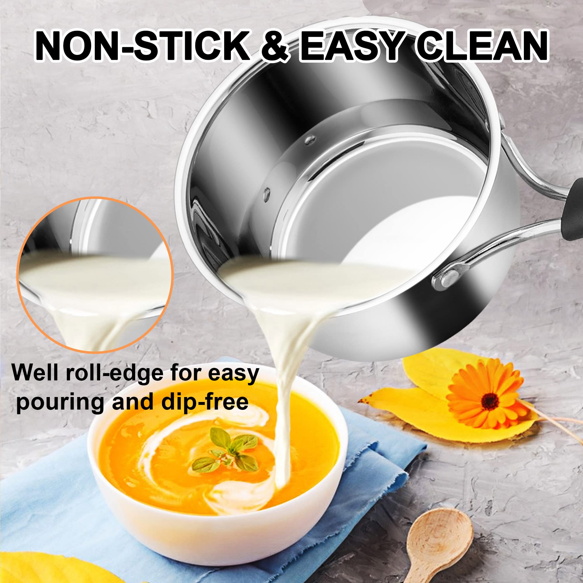 LIANYU 1QT Saucepan with Lid, 1 Quart Stainless Steel Saucepan, Small Pot Milk Soup Pan for Home Kitchen Restaurant, Long Heatproof Handle, Dishwasher Safe