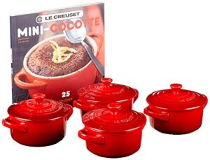 le creuset stoneware set of 4 mini cocottes with cookbook, 8 oz. each, cerise