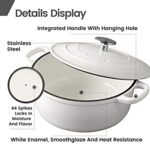 EDGING CASTING Dutch Ovens Enameled Cast Iron Covered 5.5 Quart Dutch Oven with Dual Handle for Bread Baking, White