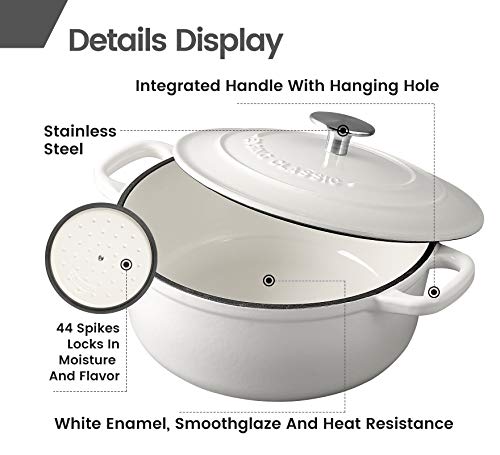 EDGING CASTING Dutch Ovens Enameled Cast Iron Covered 5.5 Quart Dutch Oven with Dual Handle for Bread Baking, White